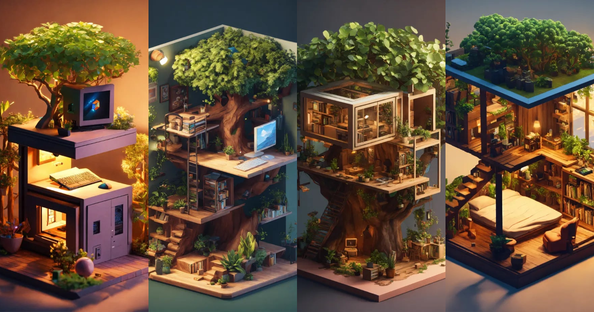 Lexica - Cube cutout of an isometric treehouse with a gaming pc ...