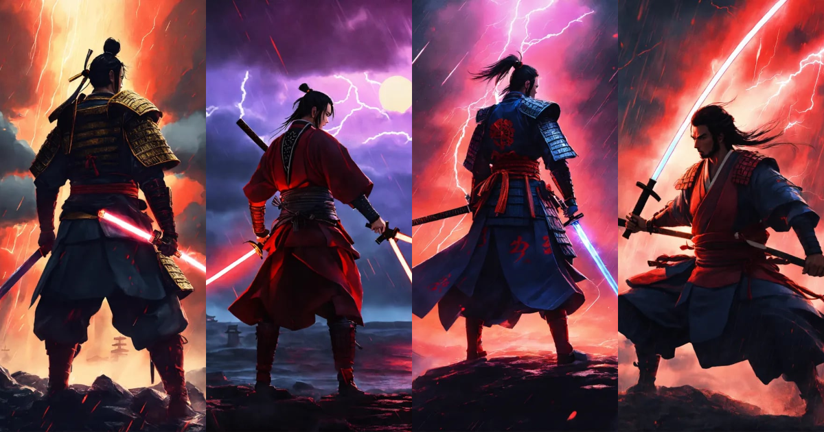 Lexica - Animated. Samurai with laser sword in a storm.