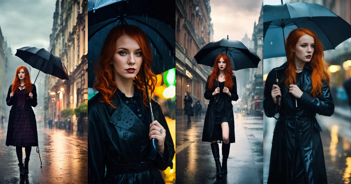 Lexica - 25 year old ginger, gothic clothing, in the city, raining ...