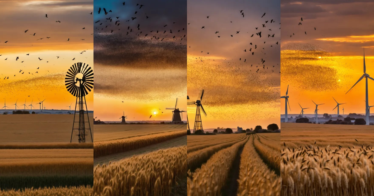 Lexica - Beautiful murmuration of starling birds in the sunset sky over a golden field of wheat ...