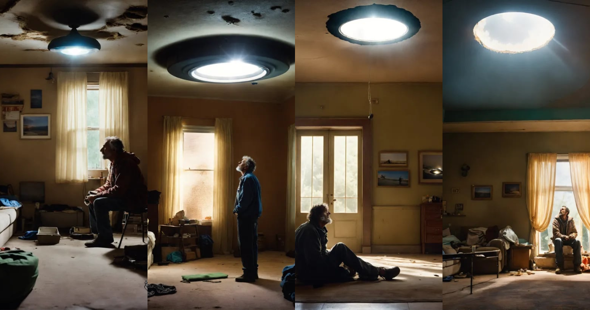 Lexica - Cinematic photograph of a homeless man looking up into a large ...