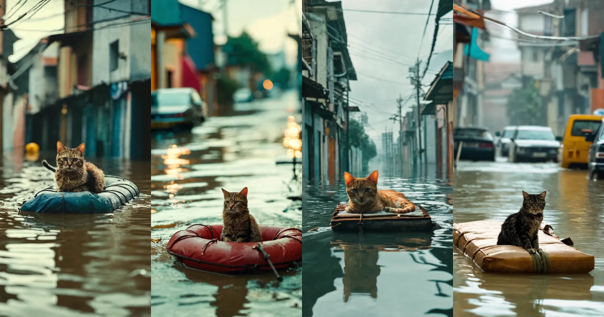 Lexica - A cat floats on a raft along the street of a flooded city