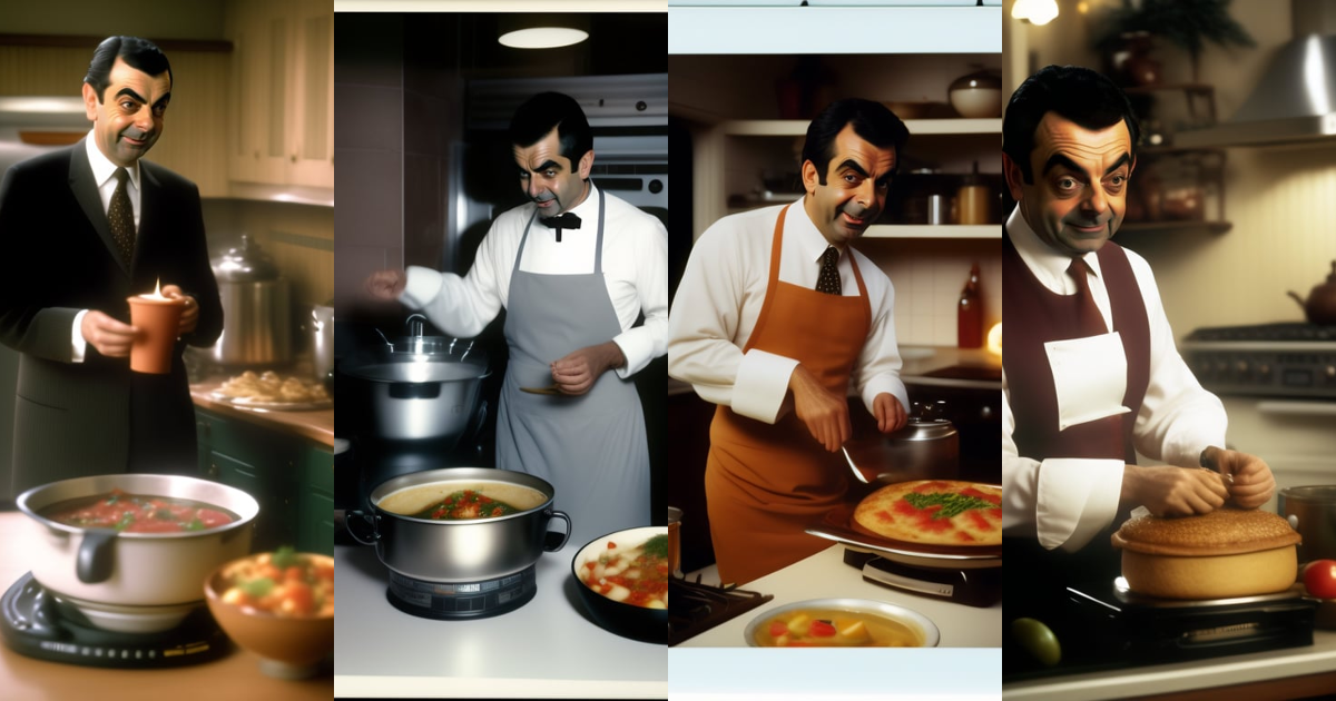 Lexica - A polaroid of Rowan Atkinson Mr Bean cooking a christmas dinner