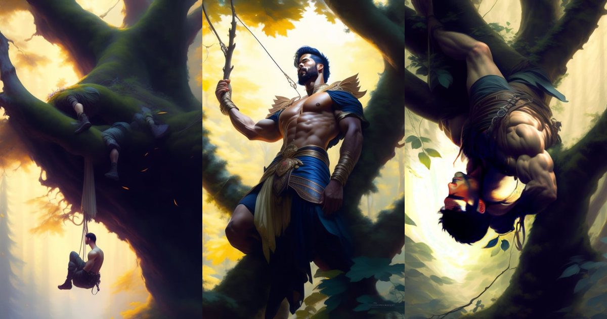 Lexica - A man hanging upside-down from a tree branch by tsuyoshi nagano, greg rutkowski ...