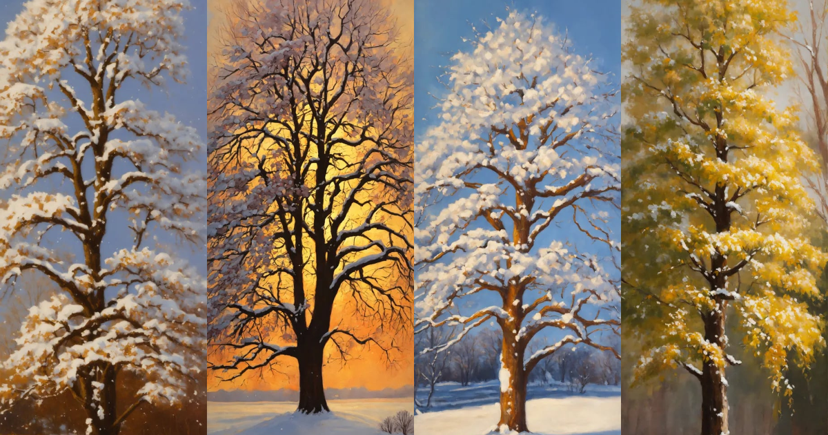 Lexica - Oil painting of a snow covered elm tree