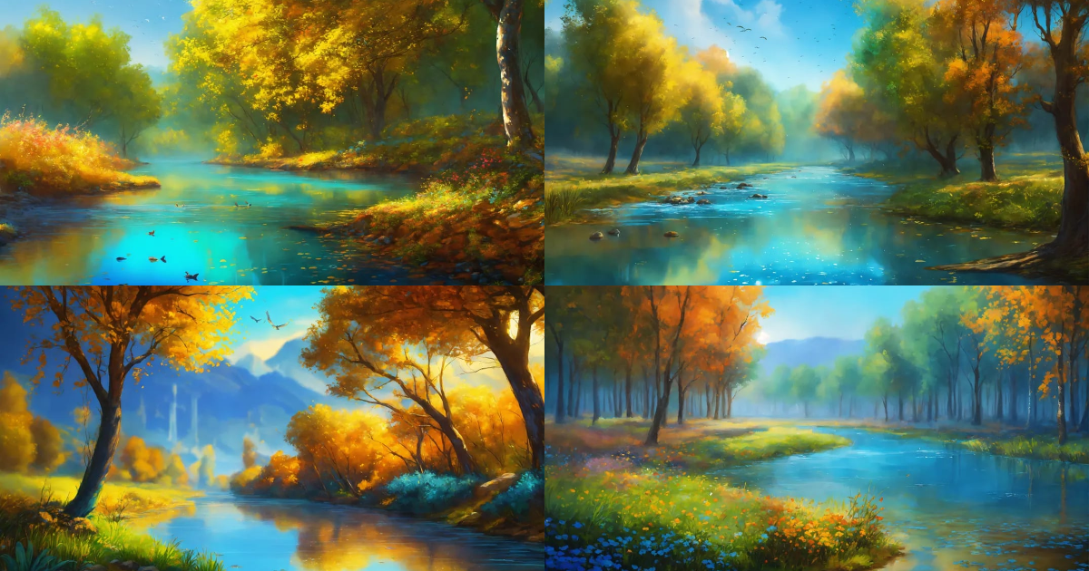 Lexica - Imagina un paisaje con un arroyo limpio y cristalino que fluye entre árboles frondosos ...