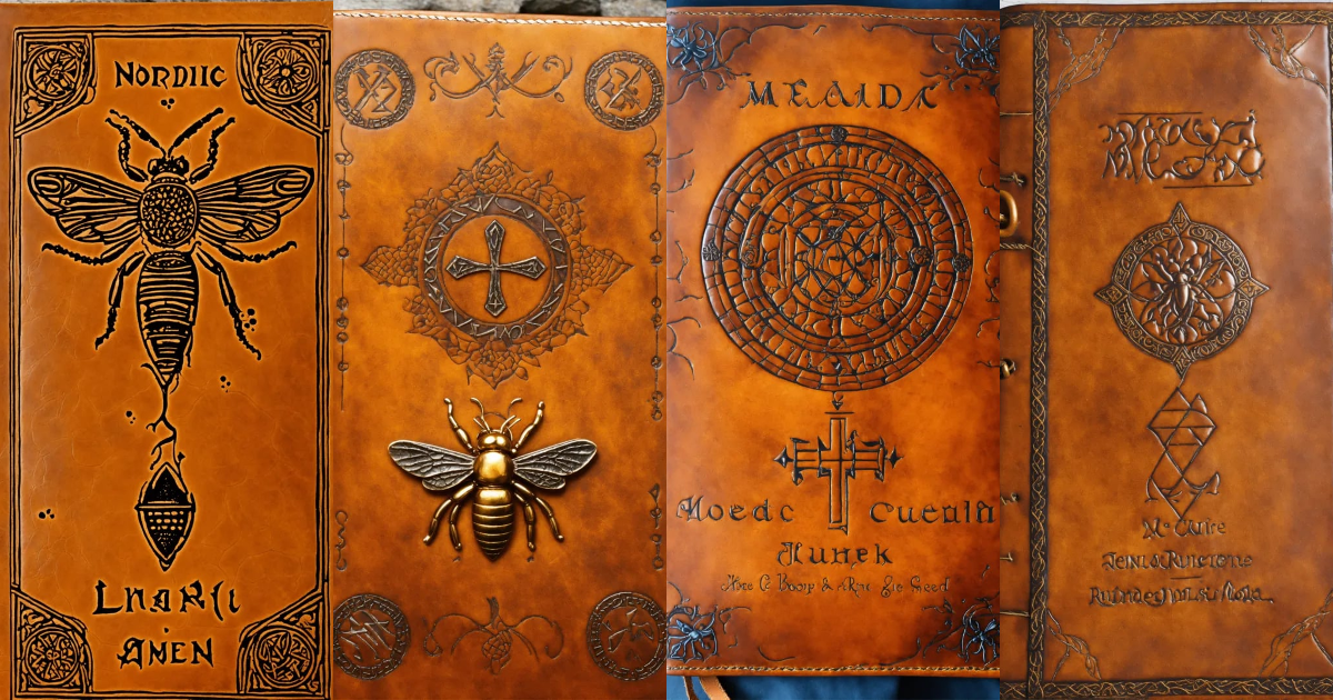 Lexica - Nordic mead book cover, runes, leather, simple, honeybee