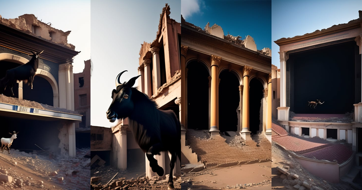 Lexica - Vintage photography of black goats jumping on an old theatre ...