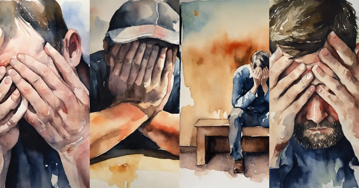 Lexica - Desperate and sad man with face hidden in his hands, watercolour