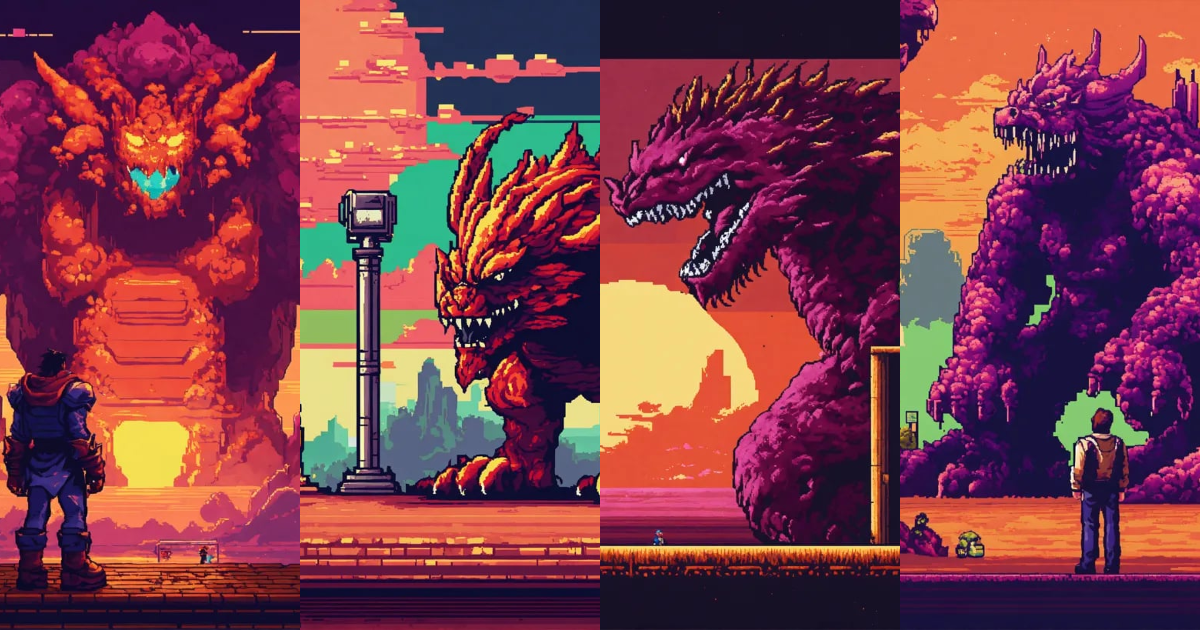 Lexica - Retro pixel art with a guy looking at a final boss monster