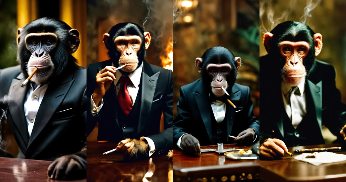 Lexica - Elegant monkey, black suit, smoking a very smoky cigarette ...