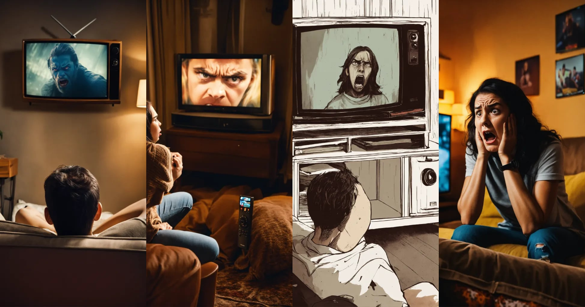 Lexica - A scared and angry person watching a TV with distressing ...