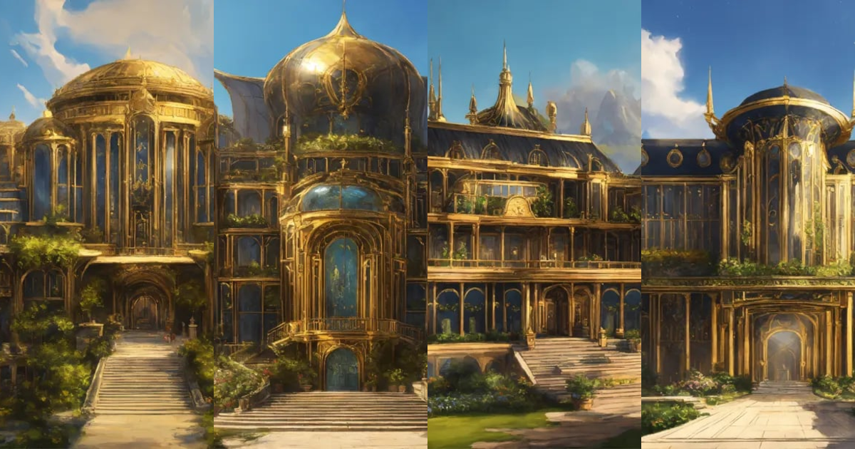 Lexica - Drawing of the full image of a massive black and gold elegant high elf sci fi palace ...