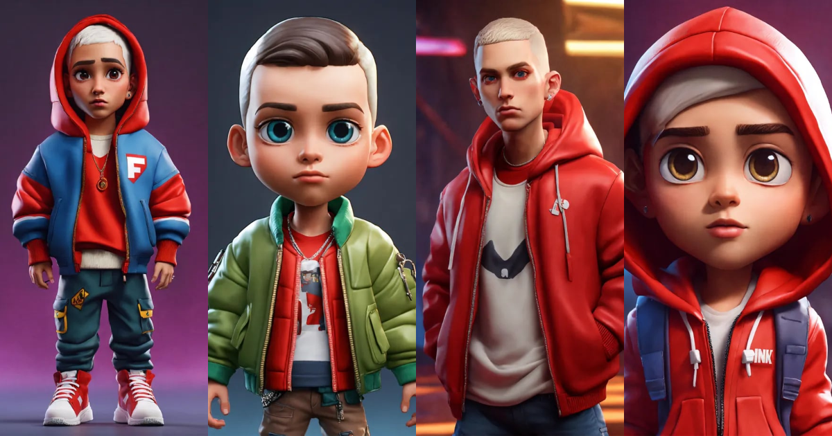Lexica - Cartoon realistic Eminem rapper in red jacket, disney style ...