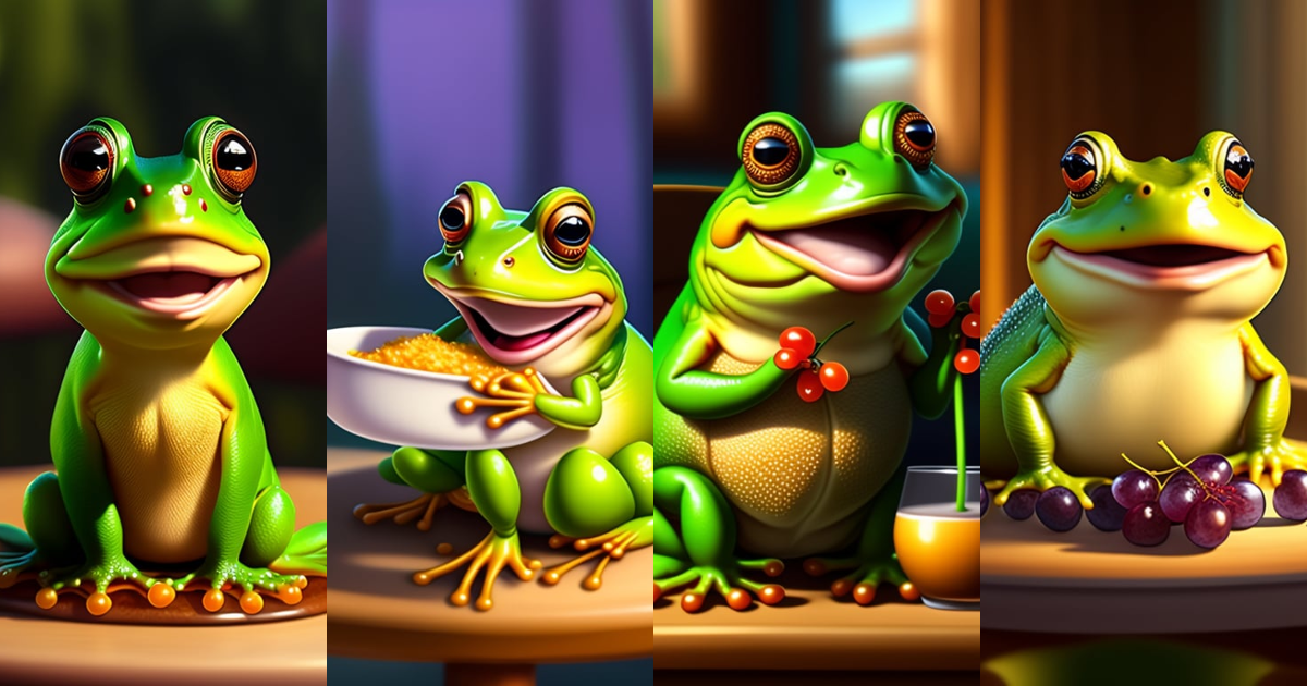 Lexica - Pixar art of a funny smiling frog eating some grapes sitting ...