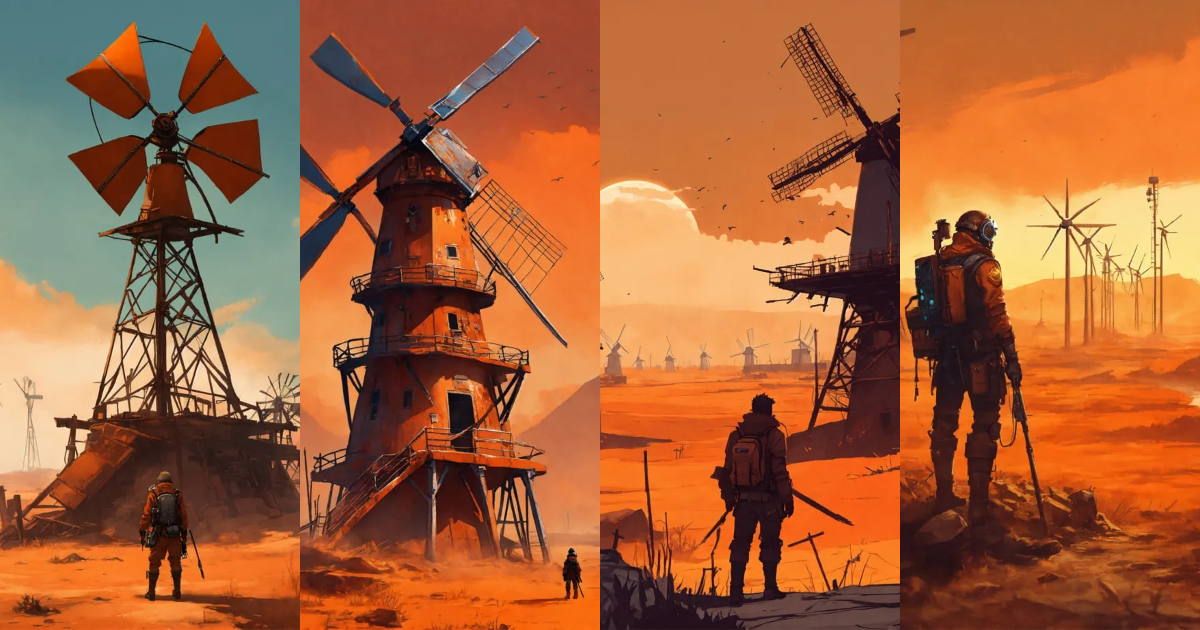 Lexica - Illustrate a lone explorer amidst rusted windmills on an ...