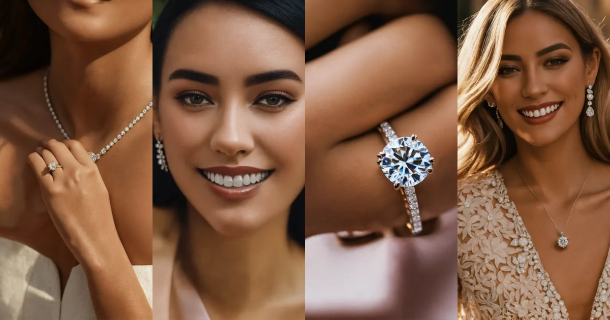 Lexica - A woman wearing solitaire diamond solitaire jewelry, excited.