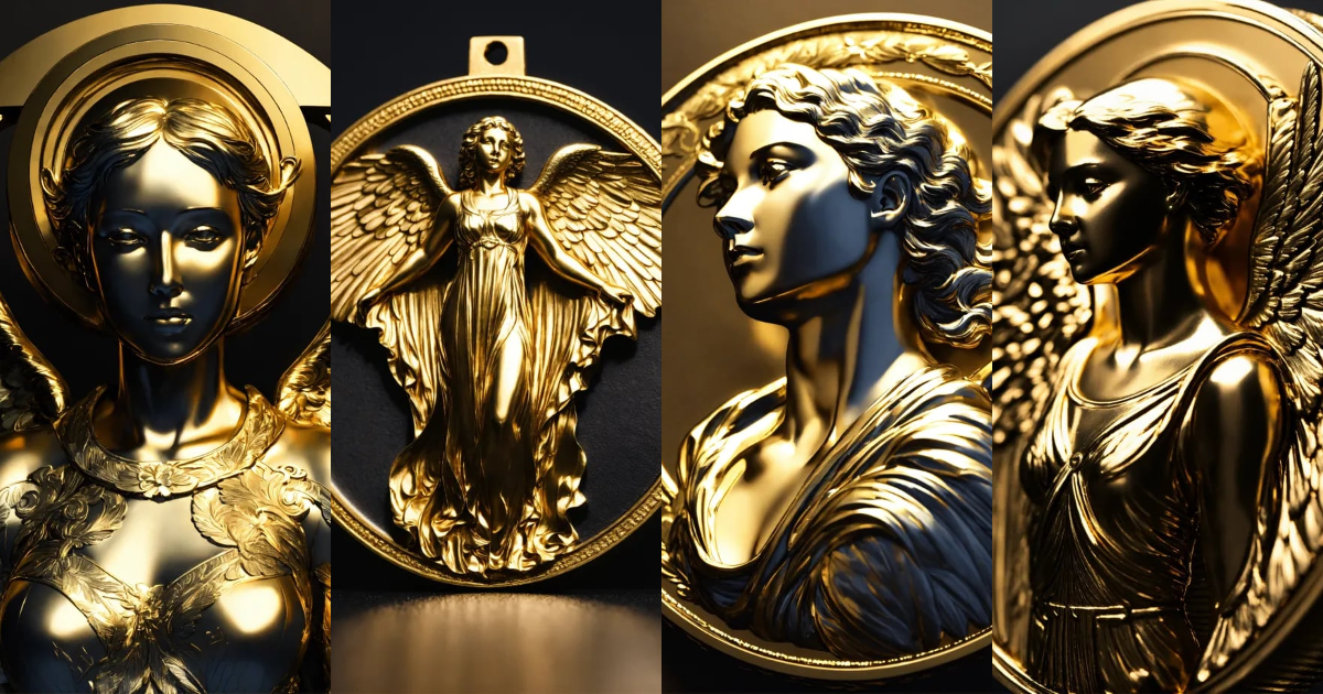 Lexica - Portrait of a silver angel engraved on a gold medal ...