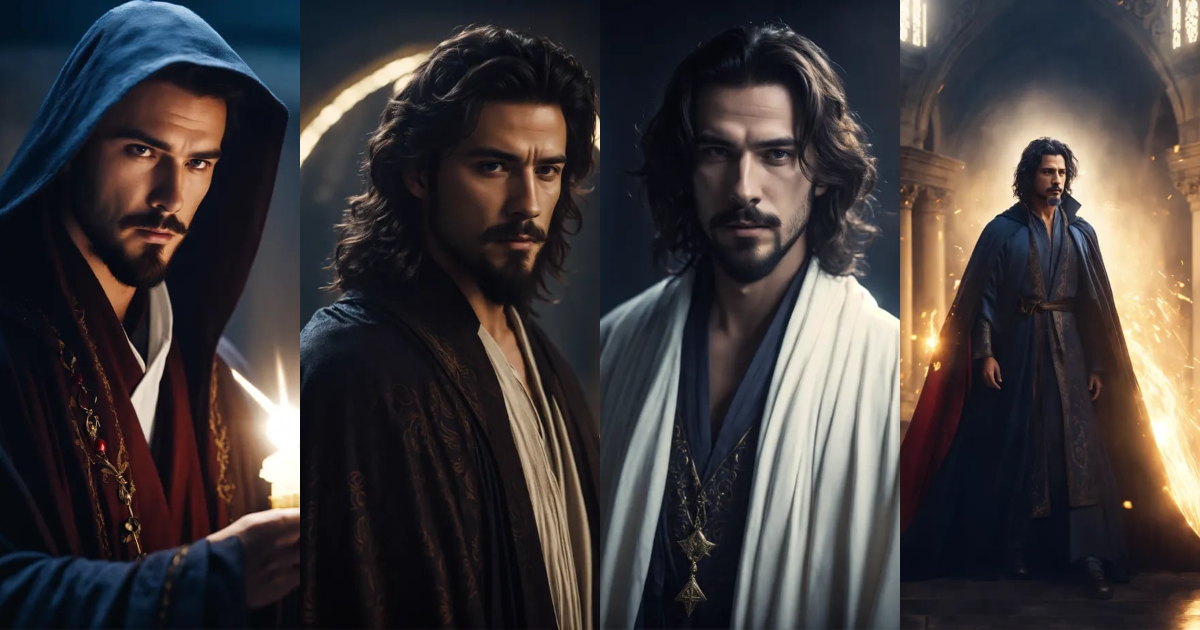 Lexica - Dark medium hair, french goatee, wizard robes white light ...