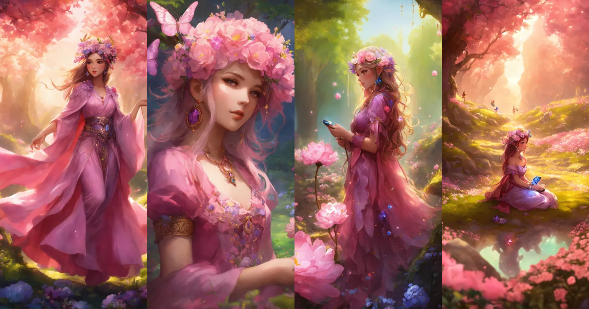 Lexica - Magical gemstone pixies, pink, land covered in flowers, dnd, fantasy, mystic glade, hd