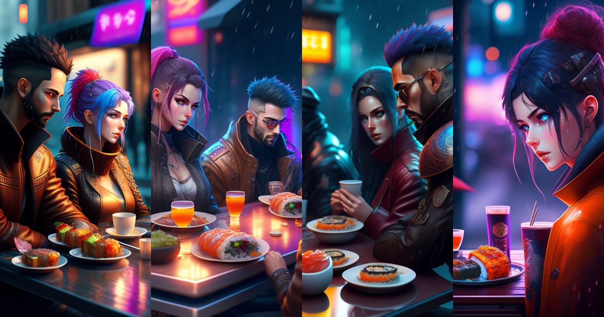Lexica - A group of cyberpunk cyborg eating sushi on a table outside in ...
