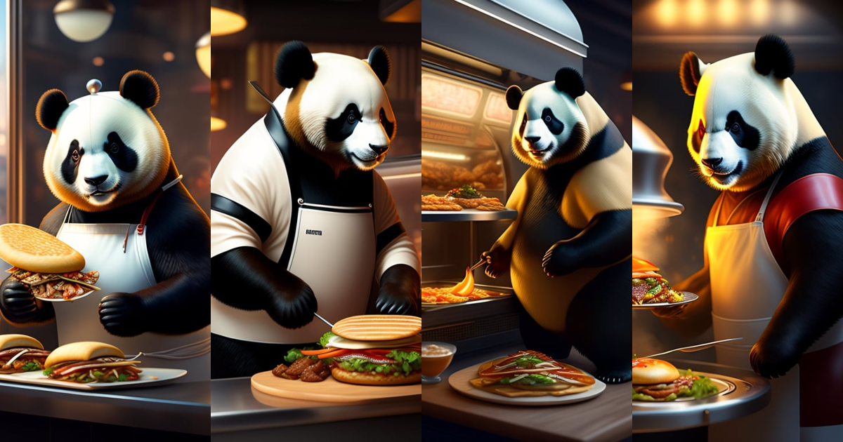 Lexica - A panda wearing a chef hat and serving a kebab in a restaurant ...