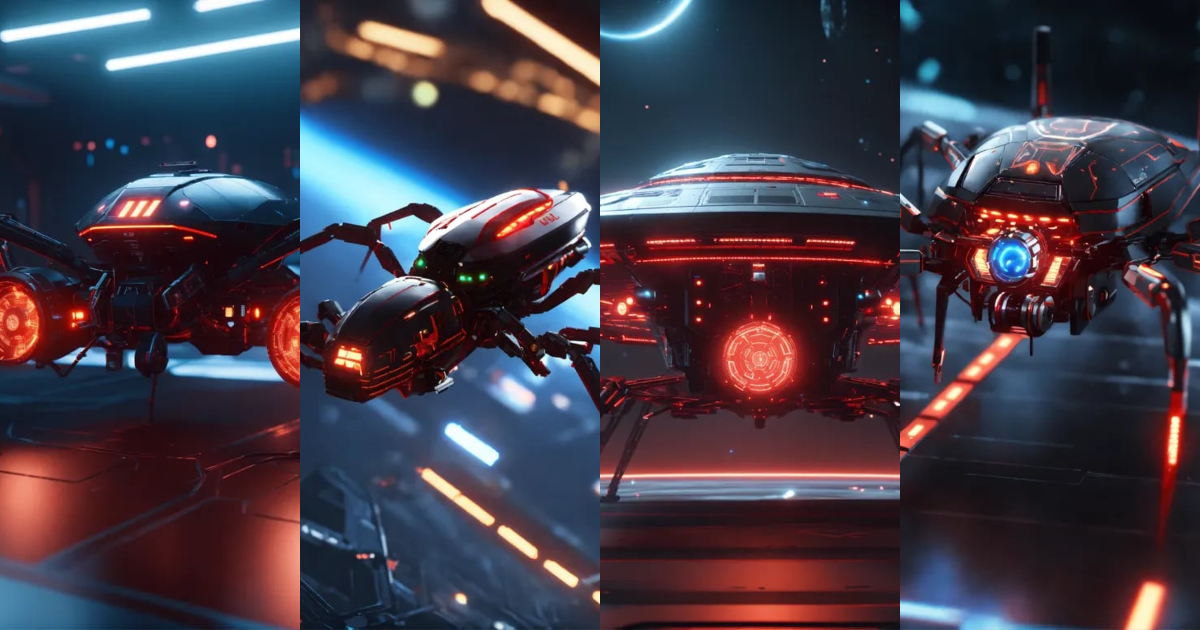 Lexica - Zoom out on a extra long black robotic black widow spider ...