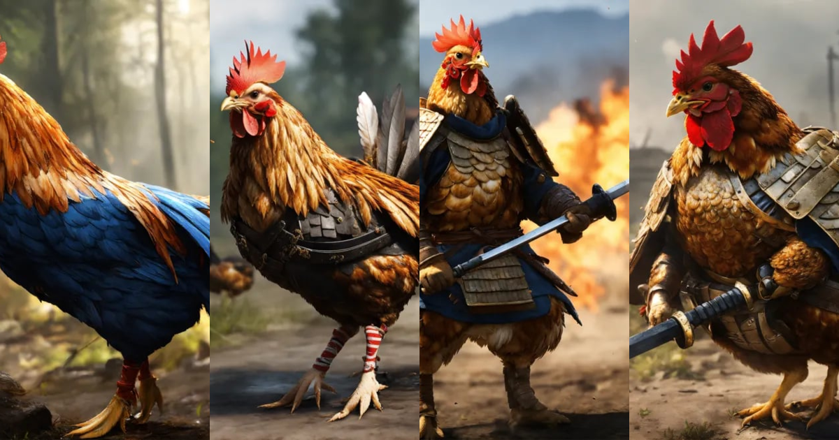 Lexica - Chicken Samurai. Battlefield. Hyper realistic.