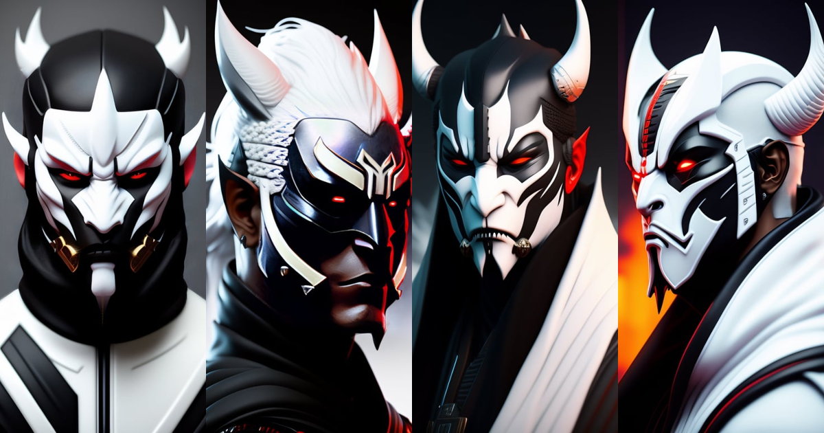 Lexica - Oni mask, cyberpunk, sith lord, white and black, 2d