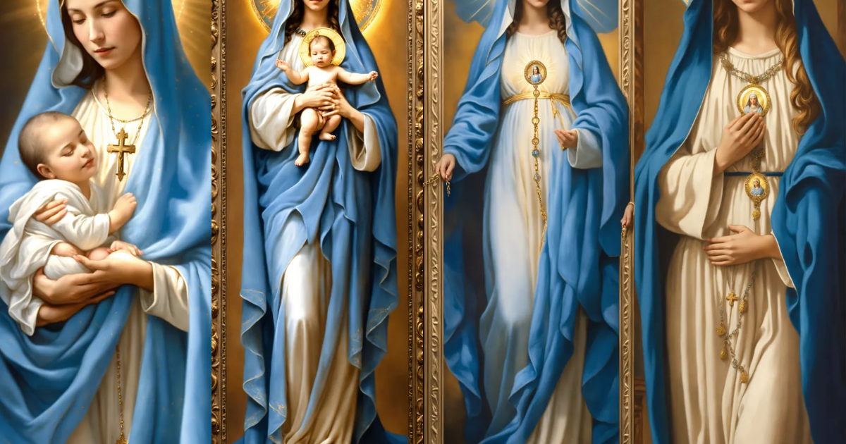 Lexica - A serene portrait of Mother Mary, cloaked in a heavenly blue ...