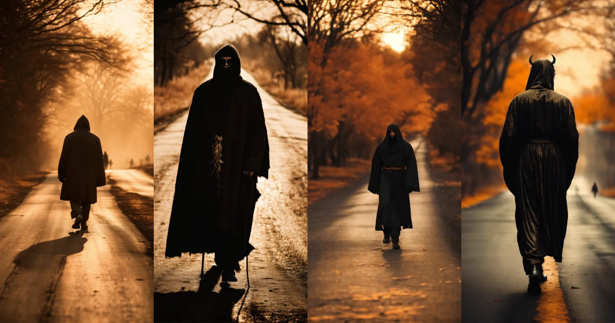 Lexica - A black and white image showing a creepy creep walking down a ...