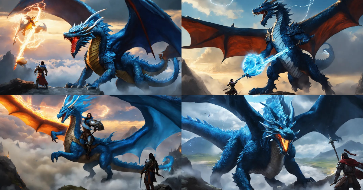 Lexica - Giant Blue Dragon breathing icy breath. He is battling a group ...