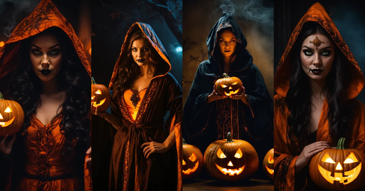 Lexica - Spooky wicked enchantress with glowing eyes wearing a robe ...