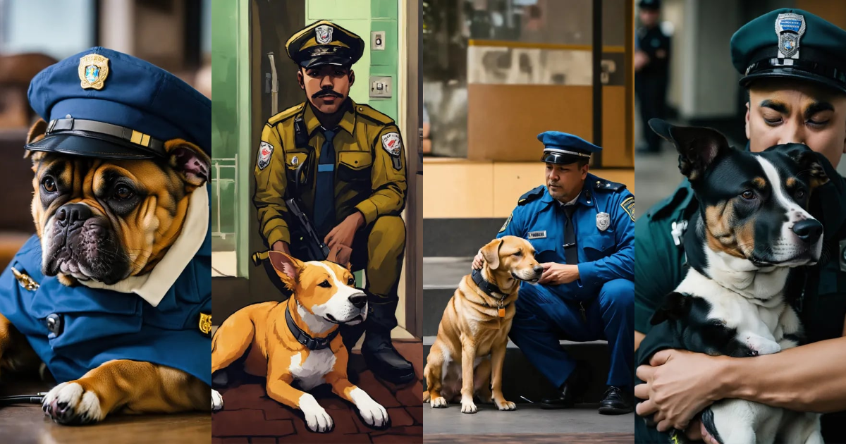 Lexica - A dog in a security guard's cap cuddles with a robber