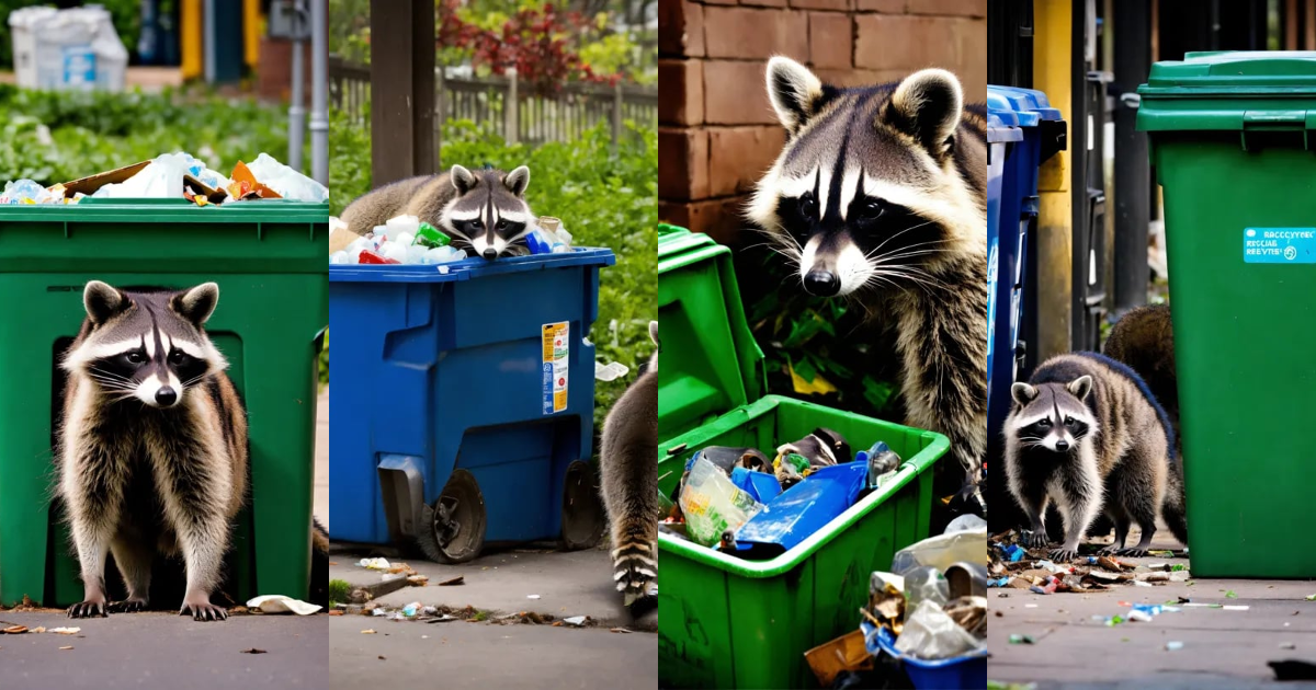 Lexica - A photograph of a raccoon digging through recycling bins, surreal