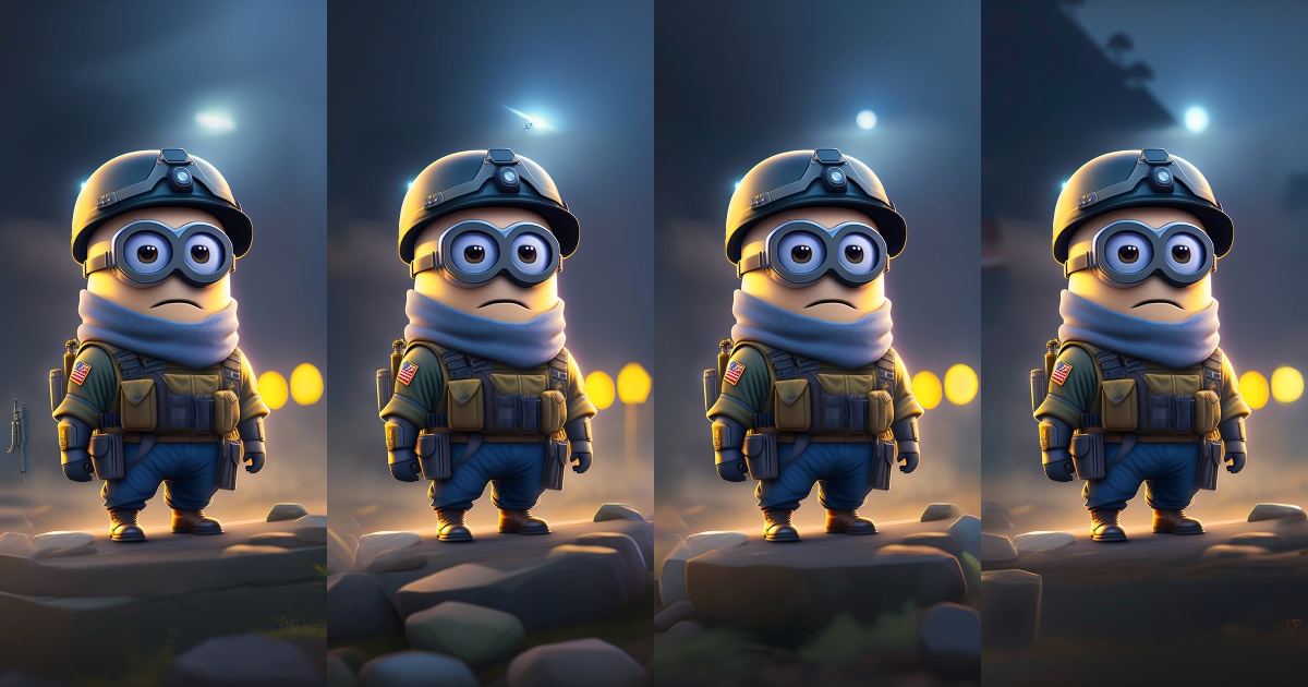 Lexica - A minion at the frontlines in the army at night with his platoon fighting, key lighting ...