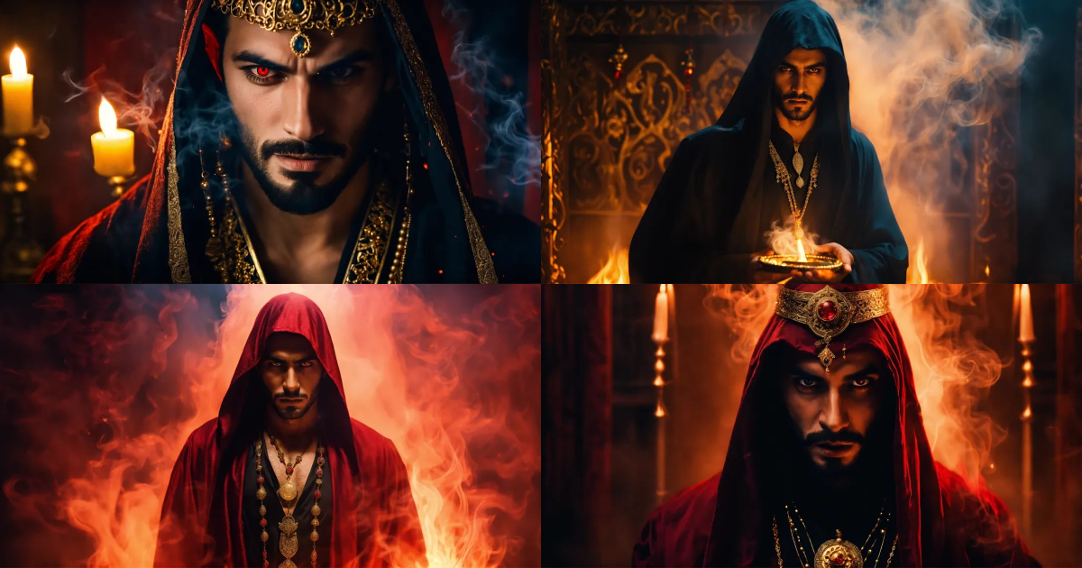 Lexica - Sinister and dramatic portrait of a young handsome Arabic evil ...
