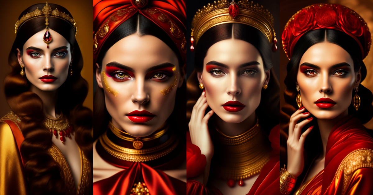 Lexica - A woman with gold and red makeup holding her hands near her ...