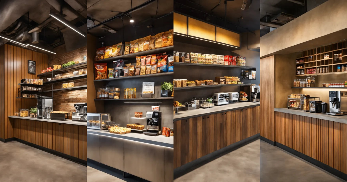 Lexica - A self serve breakroom snack bar with snacks on an easy to reach shelf for employees to ...