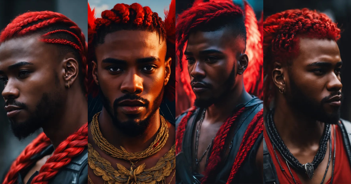 Lexica - Black man red braided hair Dystopian red winged angel 4k
