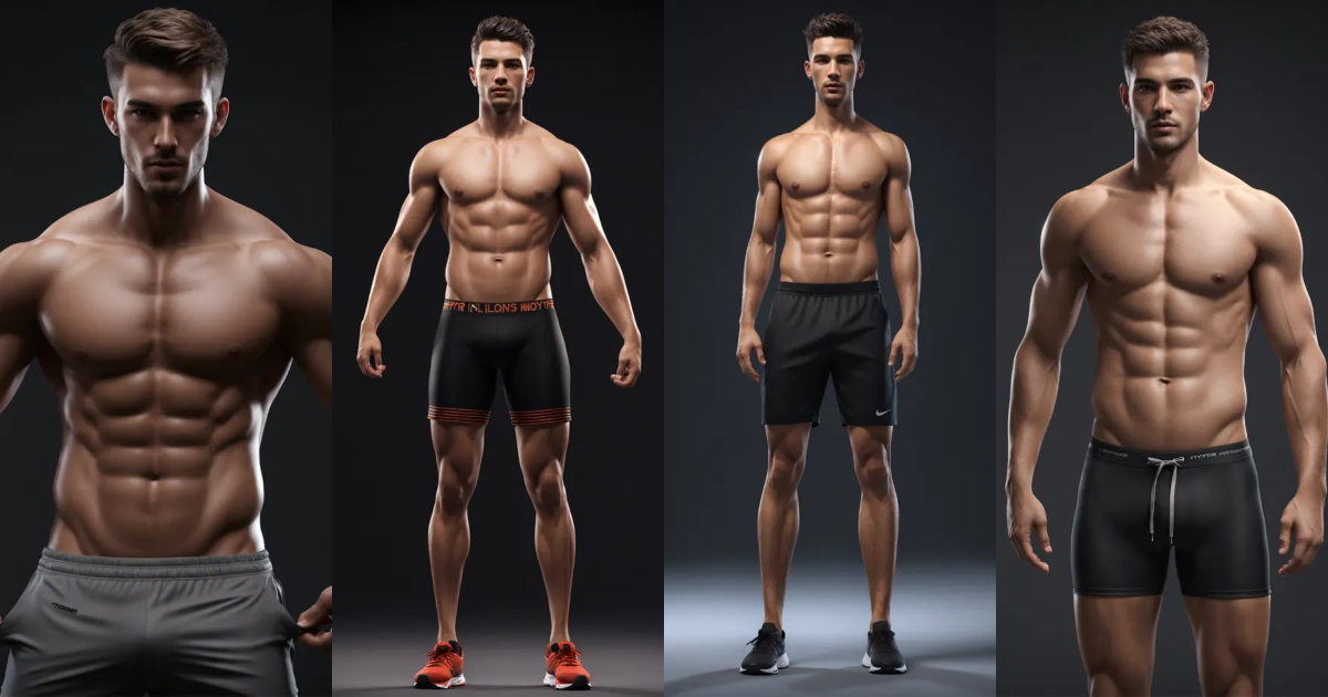 Lexica - Slim, skinny belly man, sport short, front view, hyper ...