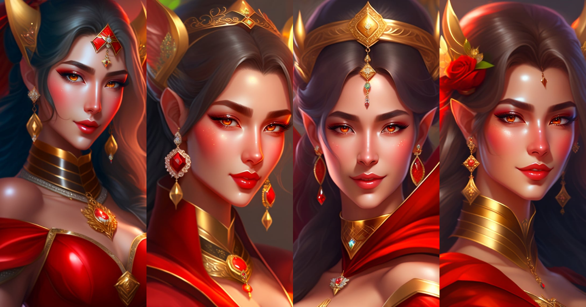 Lexica - A close up of a woman with a red dress and gold jewelry, a ...