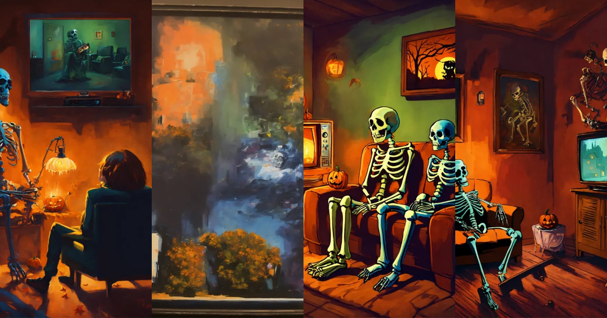 Lexica - A painting of a lazy skeleton and monster watching television ...