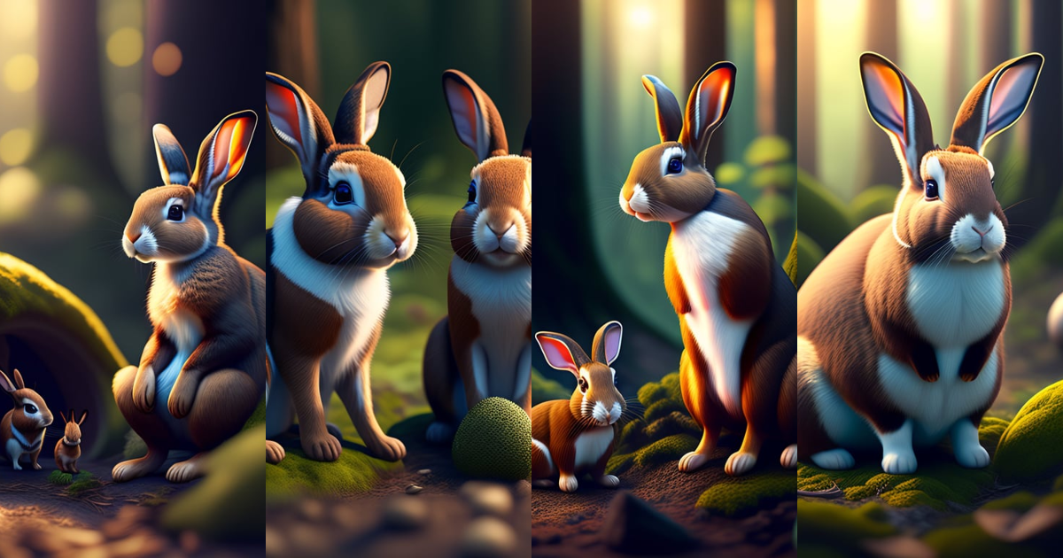 Lexica - Anthropomorphic rabbits sitting on the ground of a dark forest ...