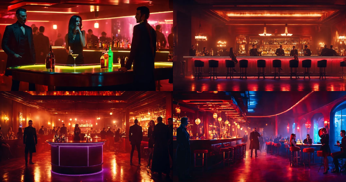 Lexica - Cinematic look, urban city night club bar with guests ...