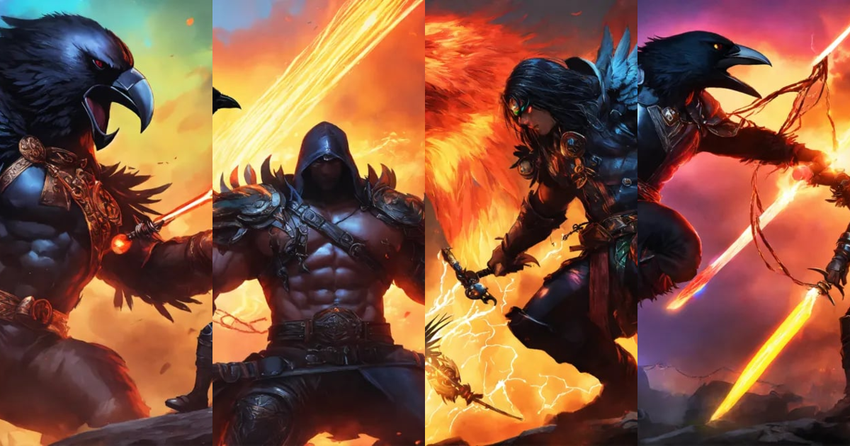 Lexica - Giant the crow god vs dark preditor rainbow lighting