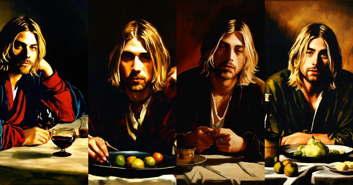 Lexica - Kurt Cobain in the style of Caravaggio, similar to the Supper ...
