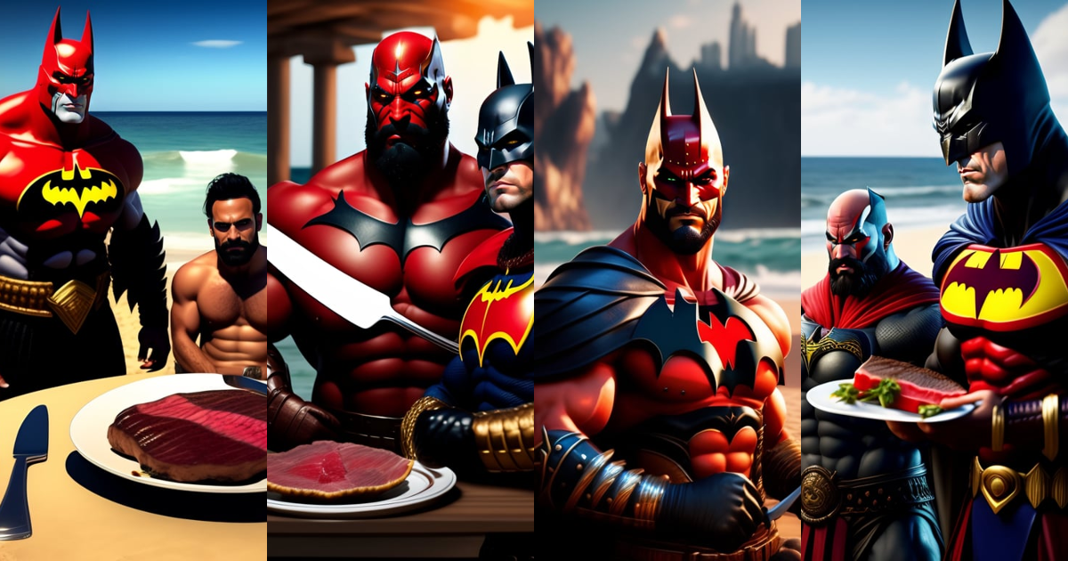 Lexica - KRATOS AND BATMAN HAVING STEAK DINNER ON A BEACH WITH KNIVES ...