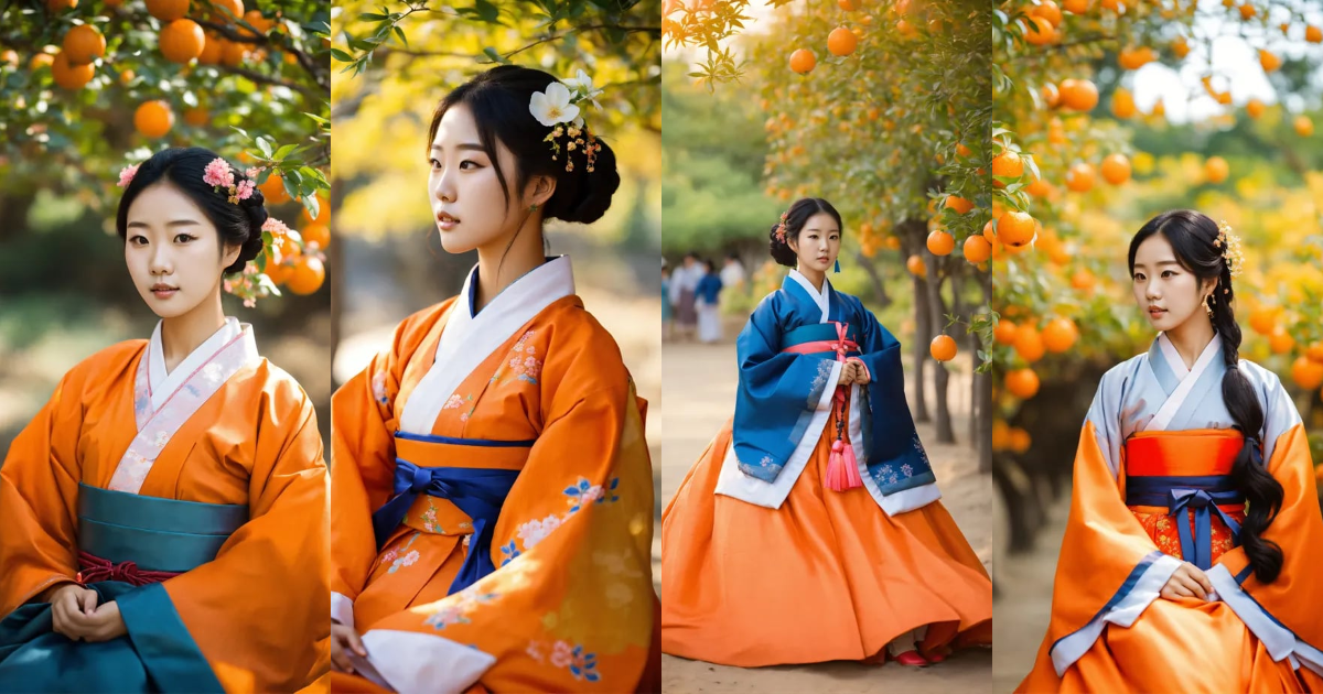 Lexica - Korean girl wearing hanbok, joseon era, stunning, in orange grove