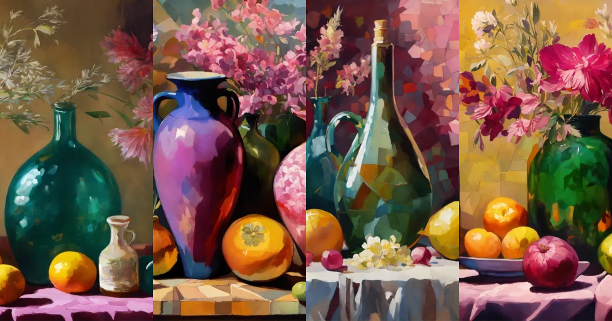Lexica - Still life style painting, with fruits, flowers, vases and ...